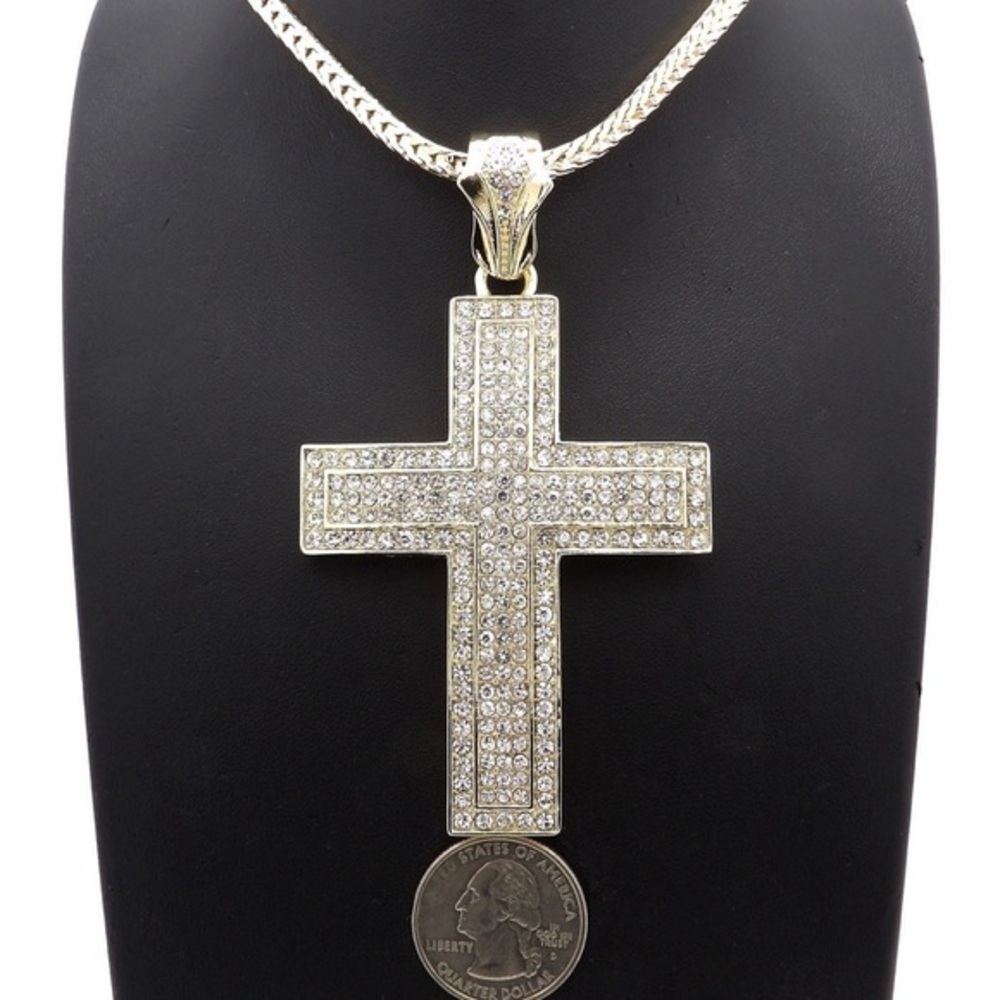 New Iced Bling Cross Pendant & 4mm 20” Gold Plated Fr… - Gem